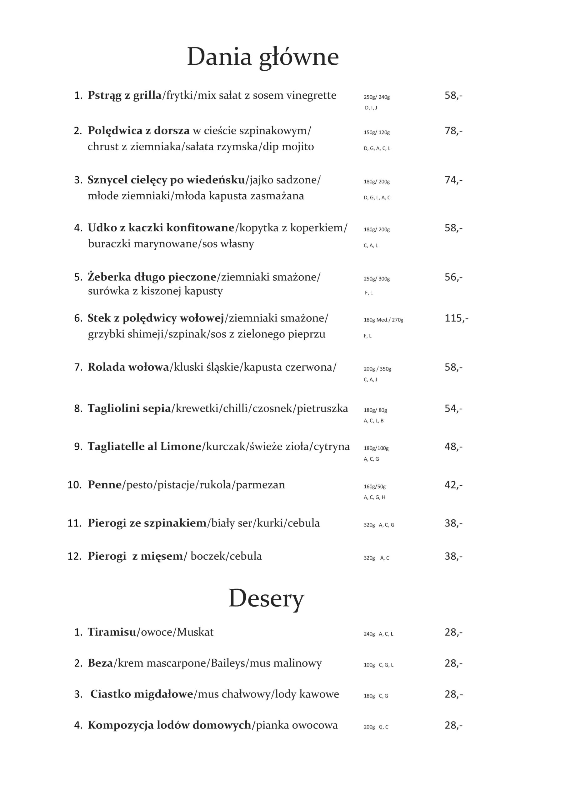 dania główne menu | Sielanka Restauracja & Pokoje Hotelowe